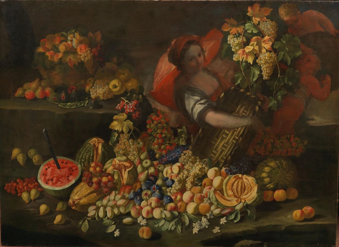 Neapolitan School, 17th Century | NATURA MORTA DI FRUTTA ALL’APERTO CON FIGURA FEMMINILE | MutualArt