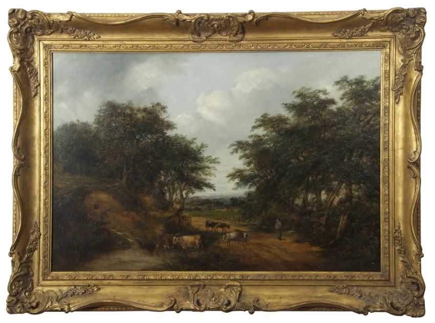 Robert Burrows | Country Landscape with Herder and Cattle in a Lane ...