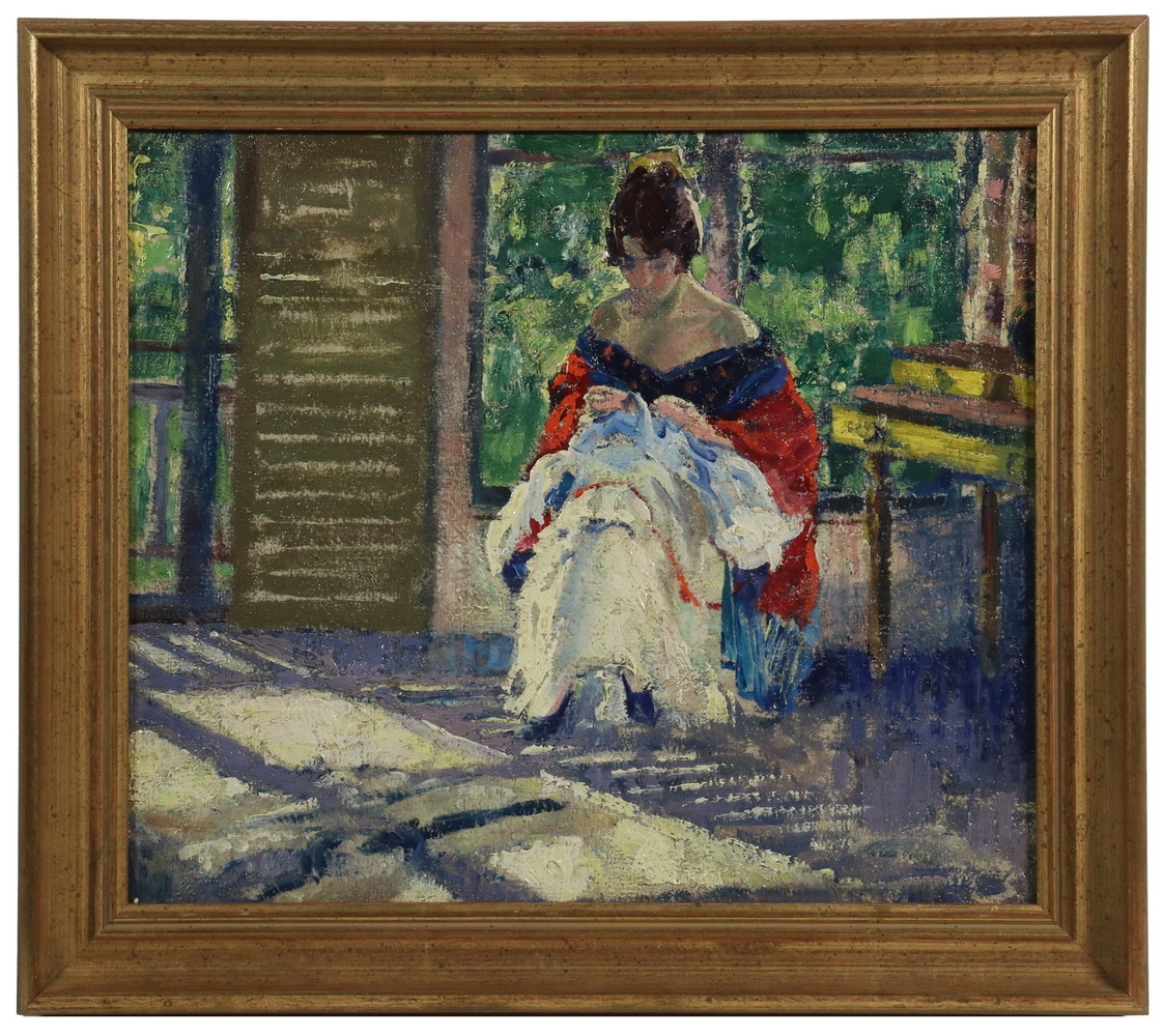 Richard Emile Miller | Woman Sewing in a Sunroom | MutualArt