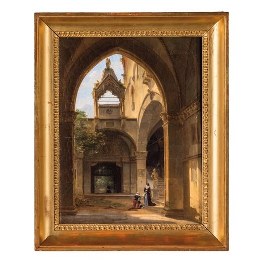 Federico Moja | Portico con mausoleo gotico e figure (1828) | MutualArt