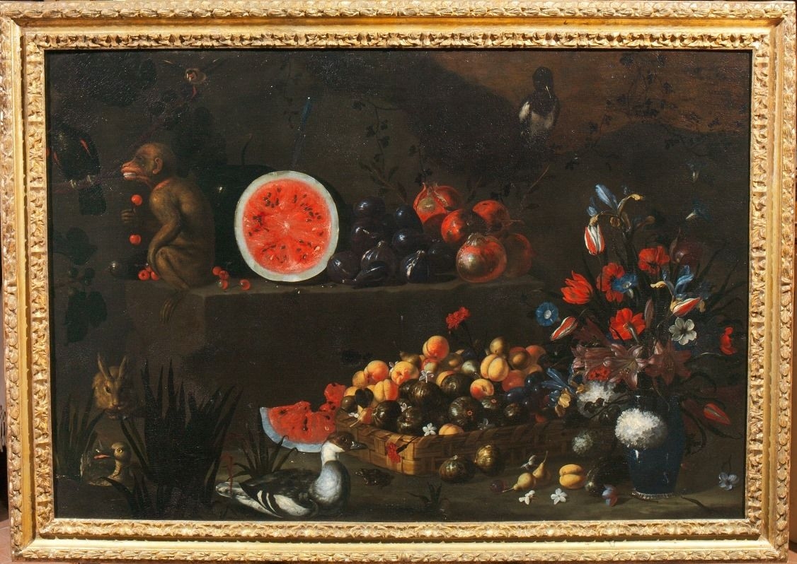 Giuseppe Recco | A still life of watermelon on a silver charger ...