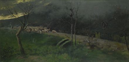 Alfonso Simonetti | Strada al tramonto con pastori e gregge | MutualArt