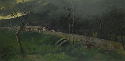 Alfonso Simonetti | Strada al tramonto con pastori e gregge | MutualArt