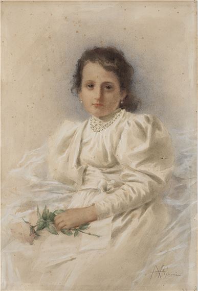 Angiolo Achini | Fanciulla con rose in mano | MutualArt