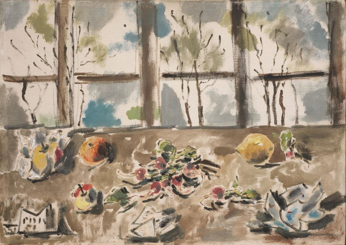 Filippo de Pisis | NATURA MORTA CON PESCE E MELA (1950) | MutualArt