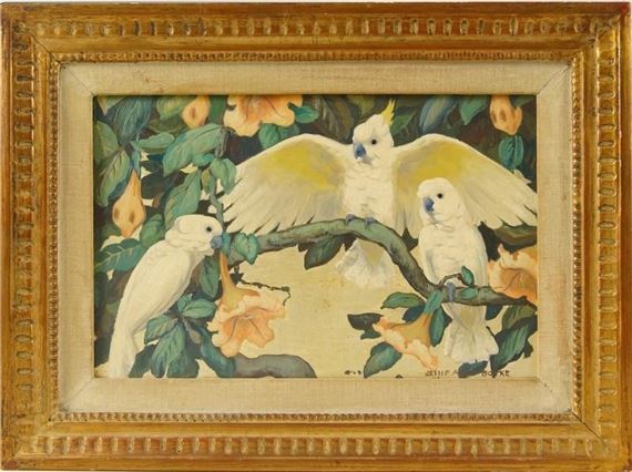 Jessie Arms Botke | Parrots and angel trumpets with Botke's trademark ...