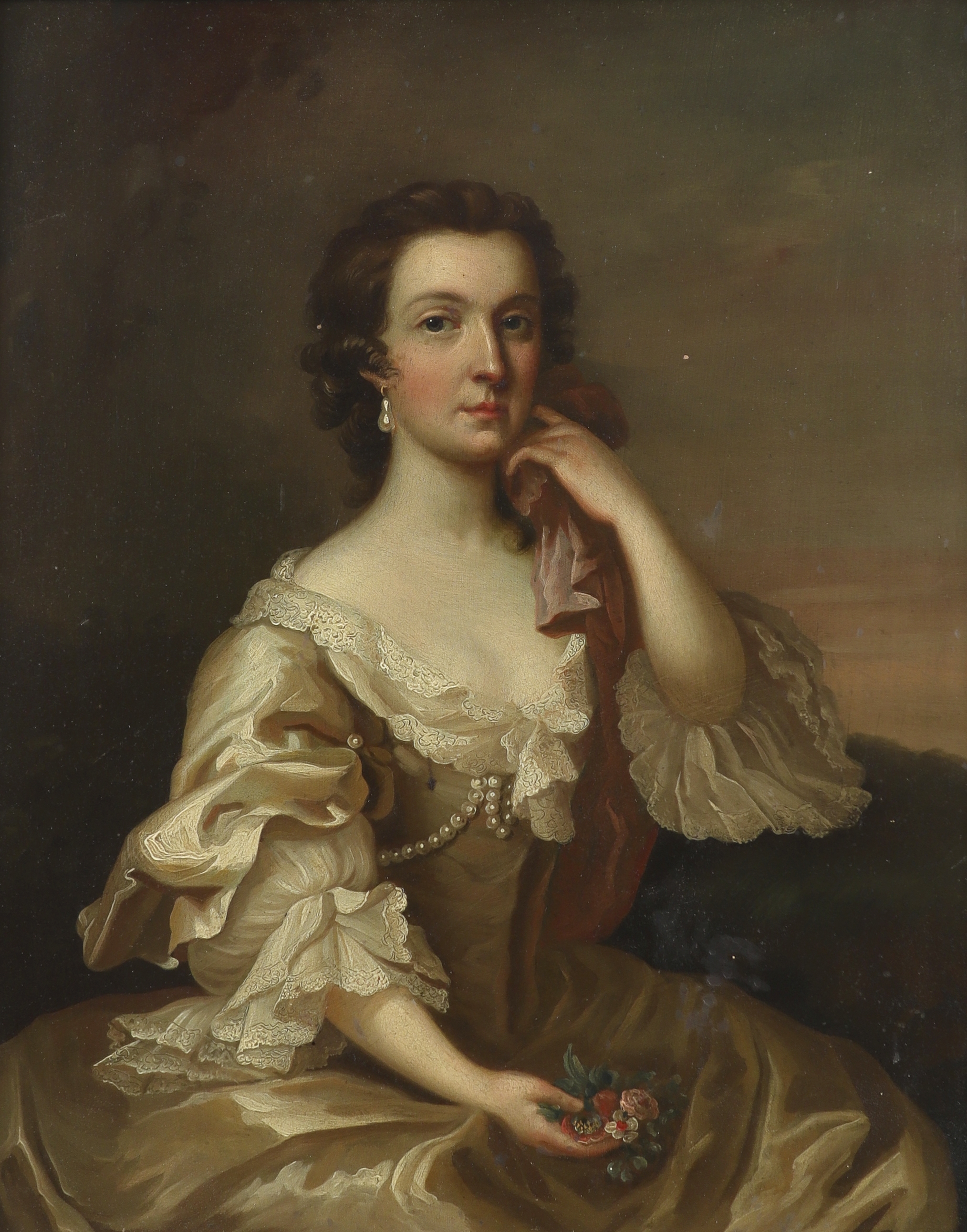 Joseph Highmore | Portrait of a lady, wearing a cream dress with a red ...