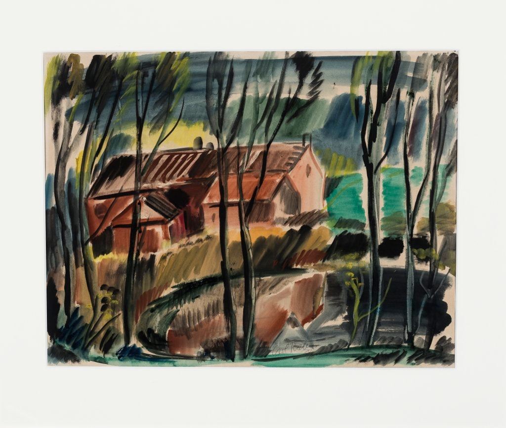 Carl Johann Rabus | Gehöft neben Weiher hinter Bäumen (1939) | MutualArt