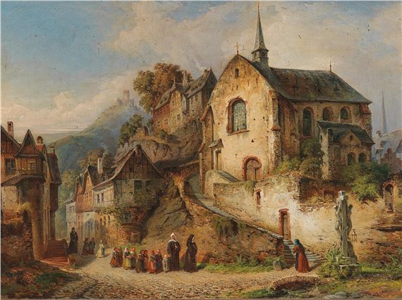 Peter Joseph Minjon | A Village Idyll on the Moselle (1872) | MutualArt