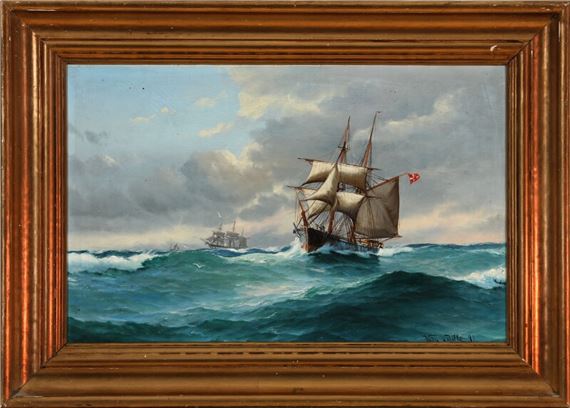 Bille Vilhelm | Seascape with Danish sailing ships in rough water (1891 ...