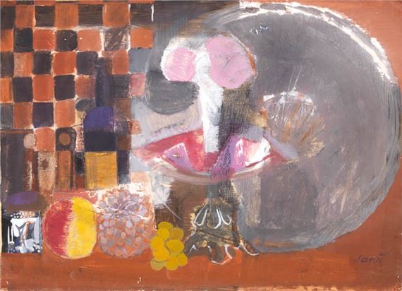 Bruno Saetti | NATURA MORTA CON SCACCHIERA E VASSOIO (1965) | MutualArt