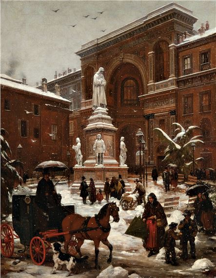 Angelo Inganni | Veduta di Piazza della Scala con effetto di neve ...