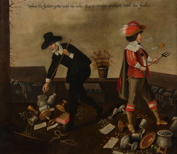 British School, 17th Century | What the father gets with the rake ...