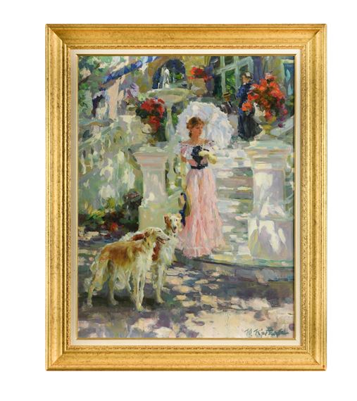 Konstantin Razumov | Young lady with parasol and two borzois | MutualArt