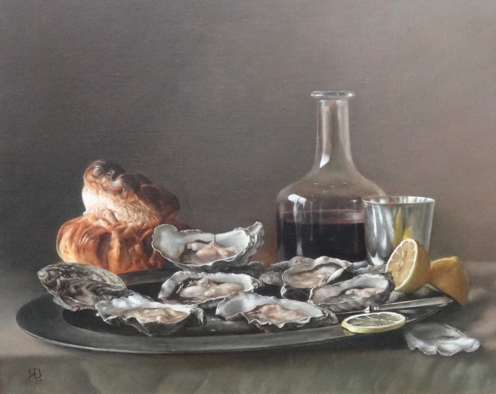 Roy Barley | Still life of Carafe, bread and oysters (1995) | MutualArt
