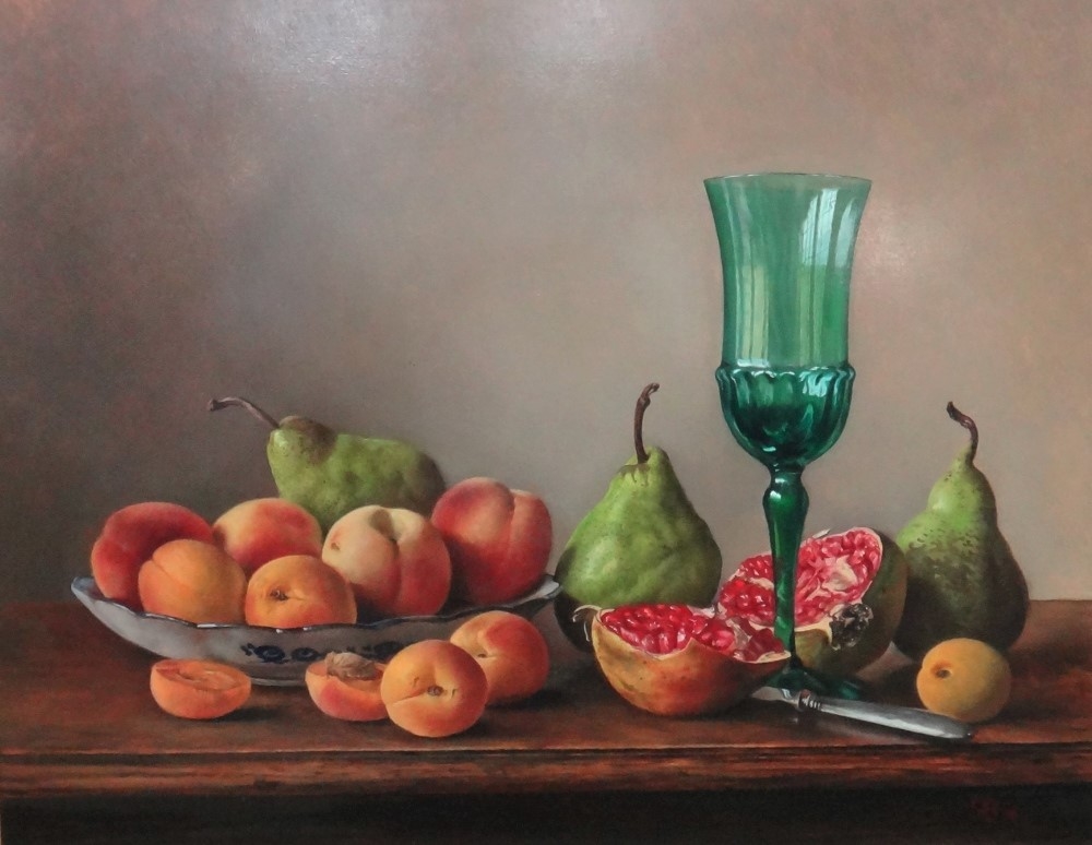 Roy Barley | Still life of green glass, pears, apricots and pomegranate ...