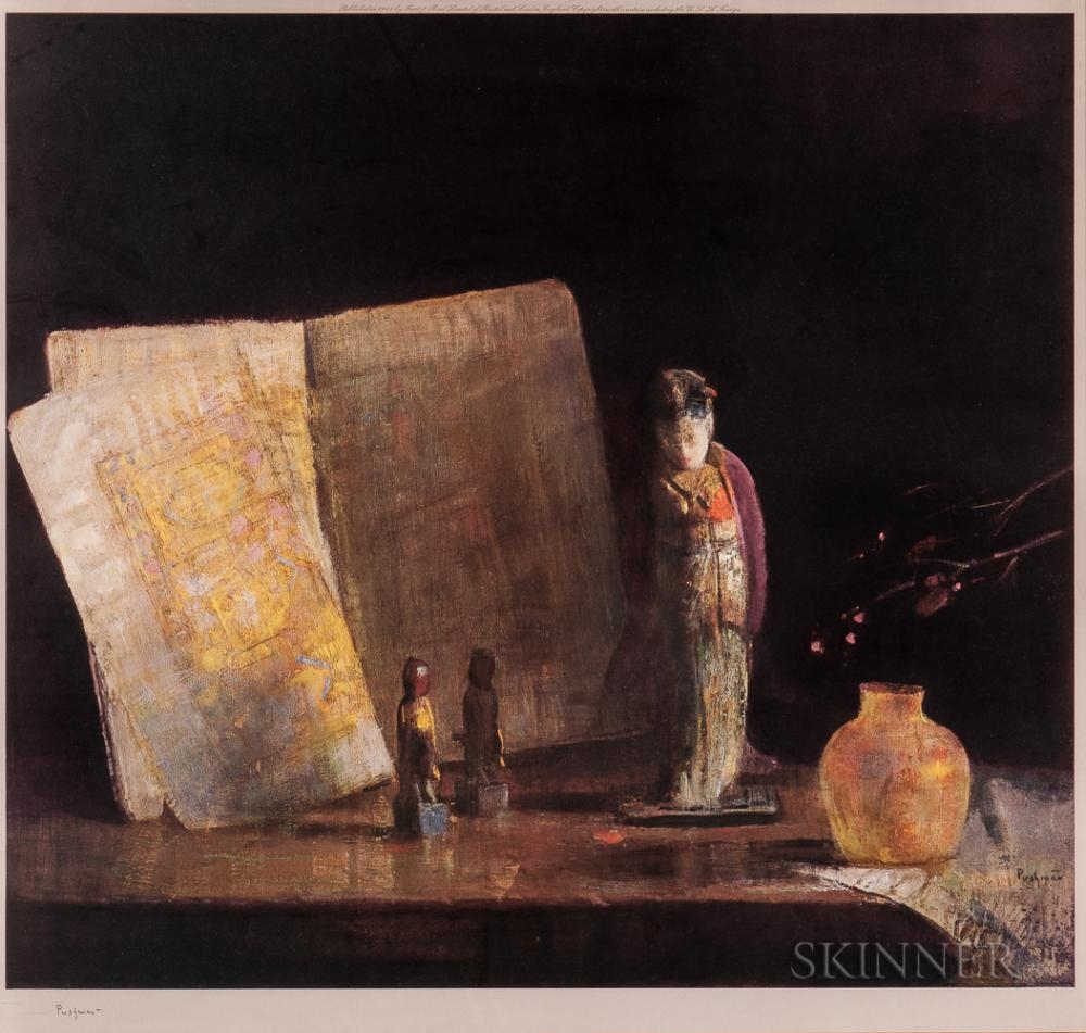Hovsep Pushman | Still life with a Guanyin figure, a book, a vase with ...