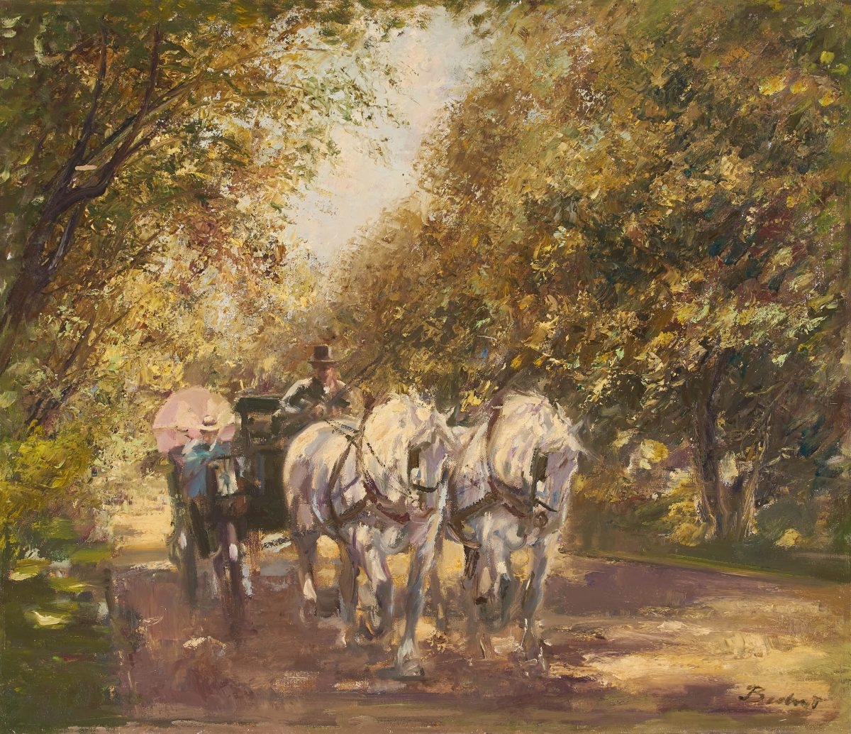 Hans Becker | Girl in Coach, White Horses | MutualArt