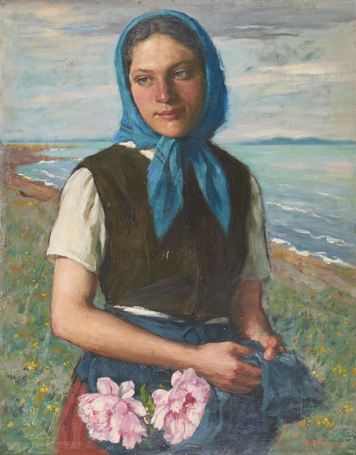 Lajos Rezes Molnar | Girl with Blue Scarf by Coast | MutualArt