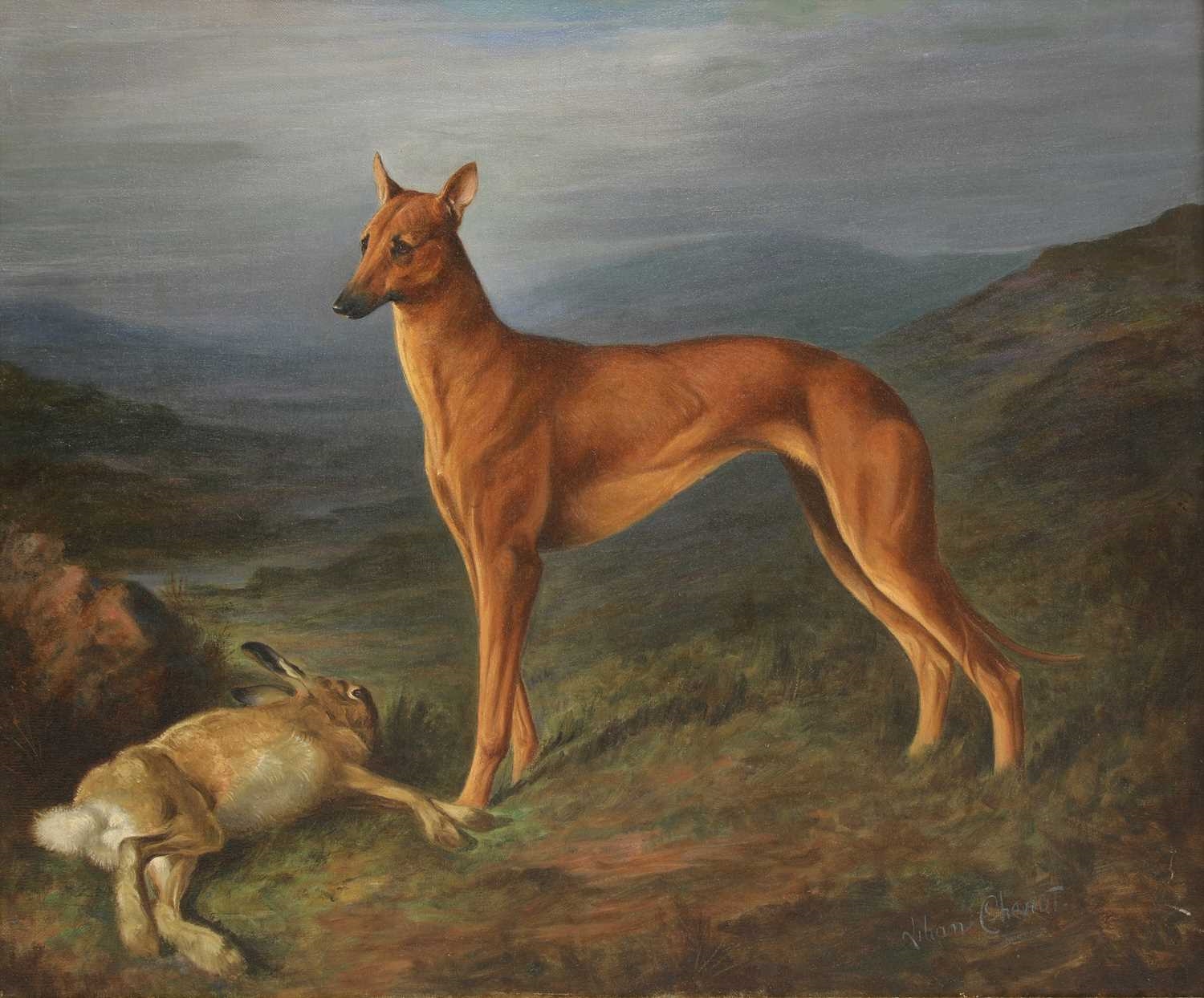 Lilian Cheviot | A greyhound and a hare in a Highland landscape | MutualArt