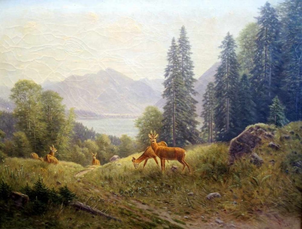 Ludwig Skell | Waldlichtung mit Rehen | MutualArt