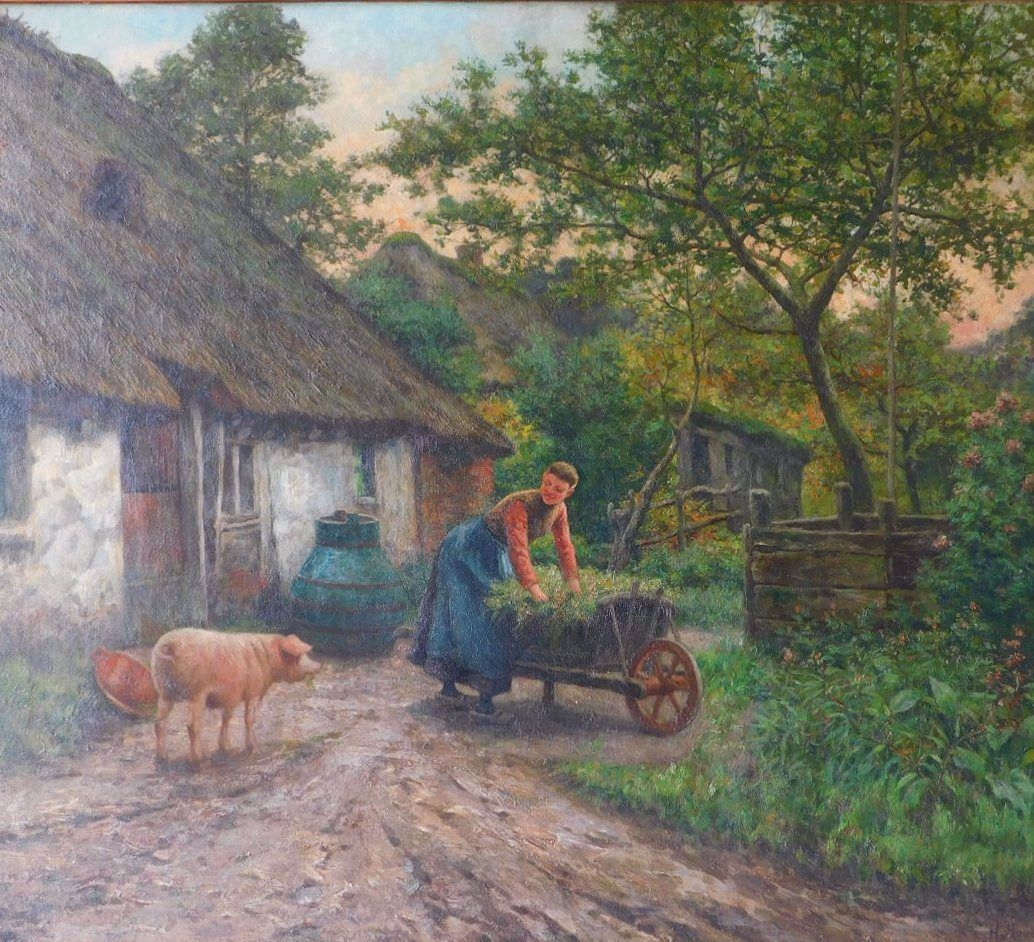 Henri Houben | Shepherdess in front of a farm | MutualArt