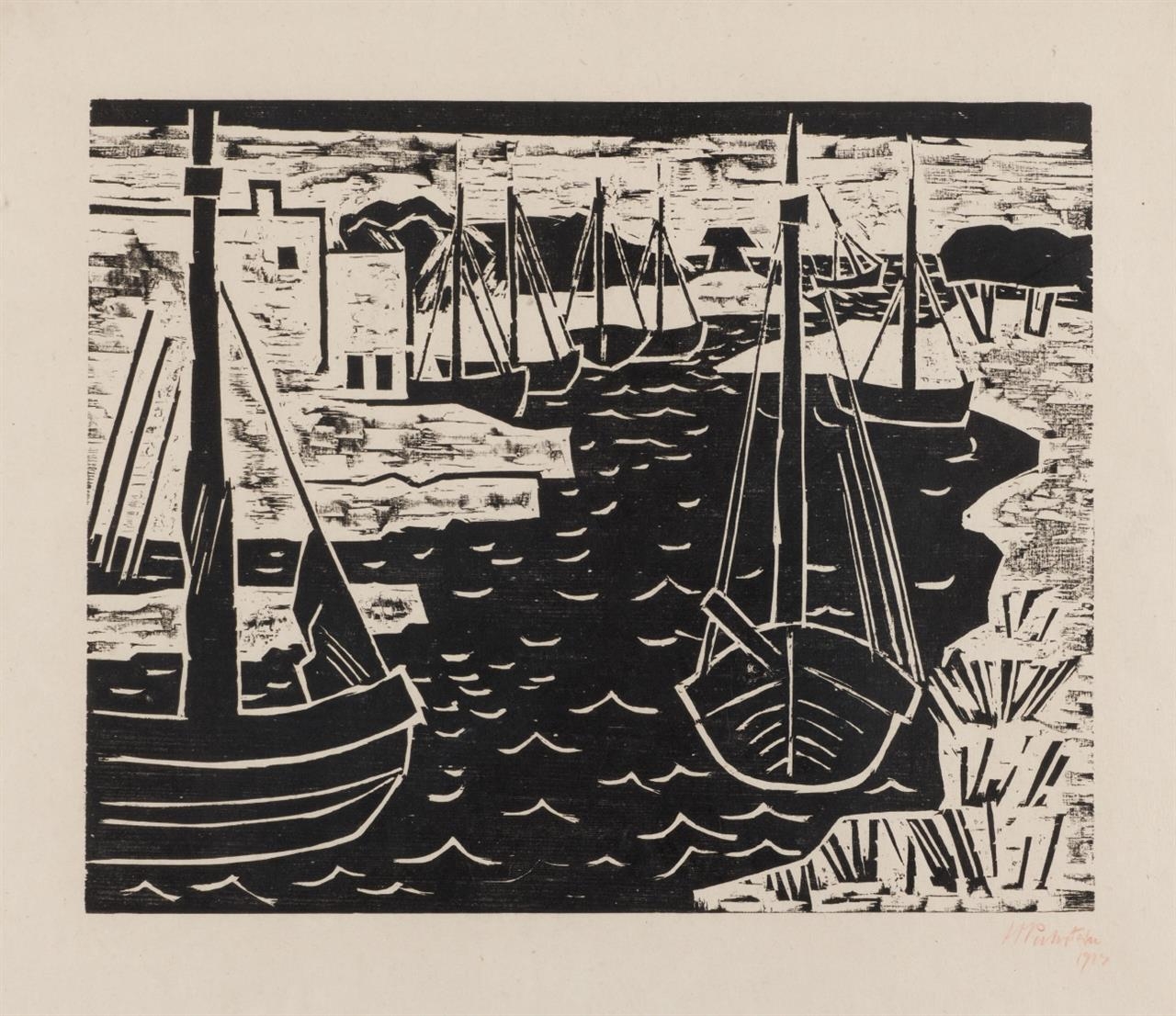 Max Pechstein | RUHENDE KUTTER IM HAFEN (LEBA) (1923) | MutualArt