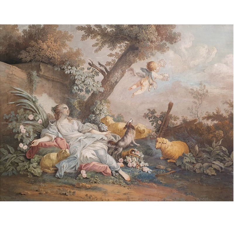 Jean-Baptiste Huet | Bergère et son troupeau au bord d'une rivière dans un paysage rocheux ...