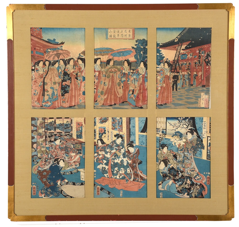 Kuniteru Utagawa | Two Framed Japanese Woodblock Triptychs | MutualArt