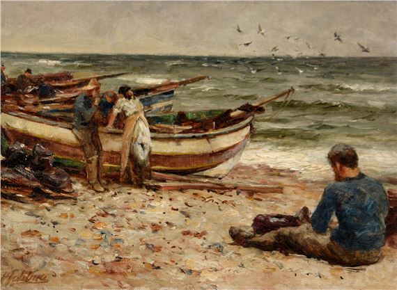 Robert Jobling | Fisherfolk and cobles on a beach | MutualArt