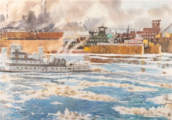 James Godwin Scott | River scene with shipyard | MutualArt