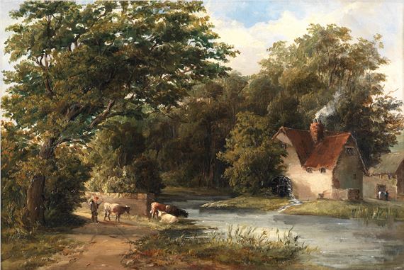 Alfred Vickers | Cattle watering at the mill pond | MutualArt