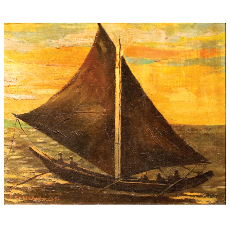 Dominador Castañeda | Bahay Kubo on the River Bank (1952) | MutualArt