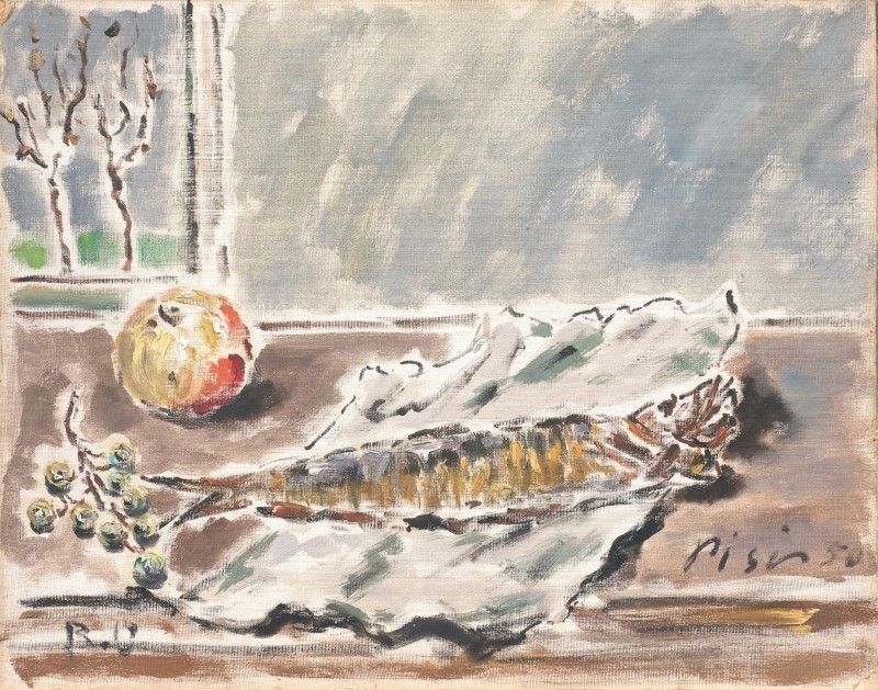 Filippo de Pisis | NATURA MORTA CON PESCE E MELA (1950) | MutualArt