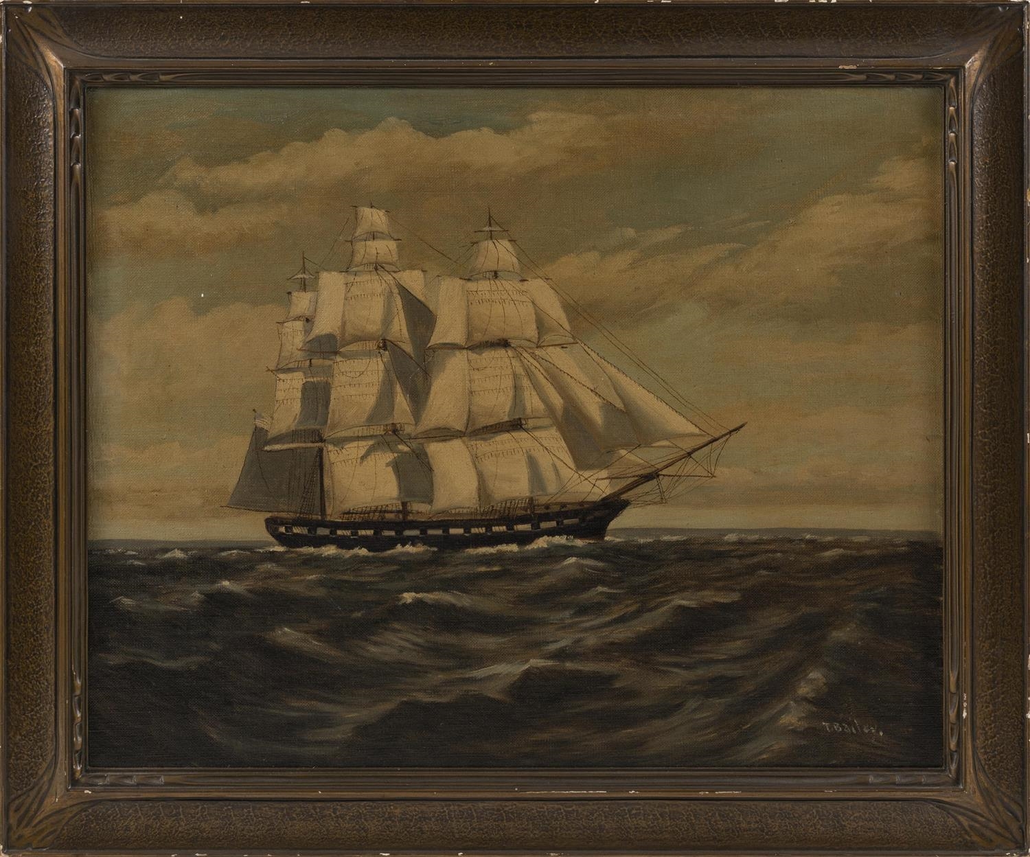 T. Bailey | Three-masted ship at sea. | MutualArt