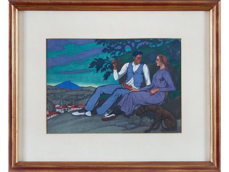 Jose Arrúe Valle | Couple avec chien au soleil couchant | MutualArt