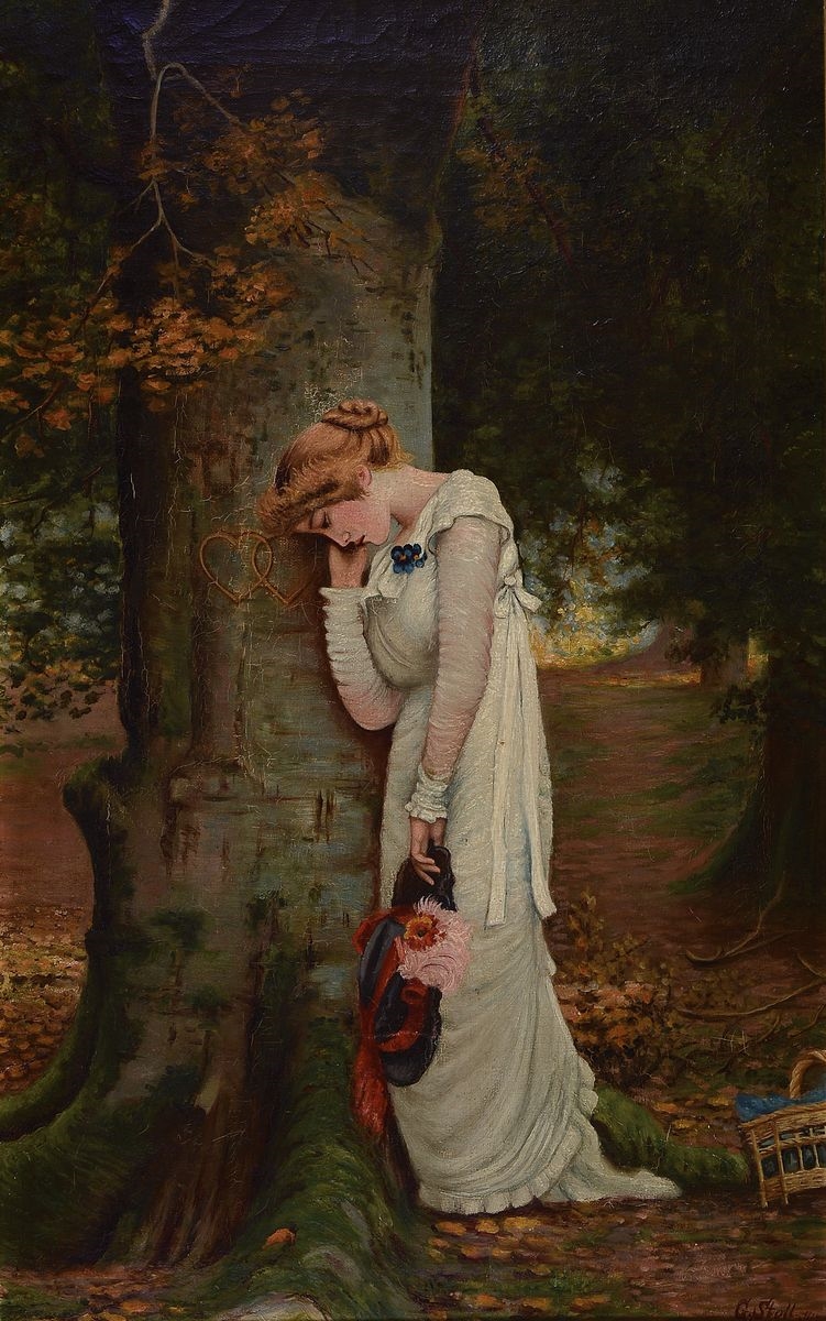 Georg Stoll | young woman leaning against a tree trunk | MutualArt