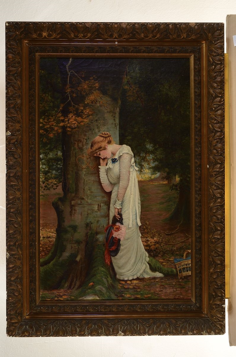 Georg Stoll | young woman leaning against a tree trunk | MutualArt