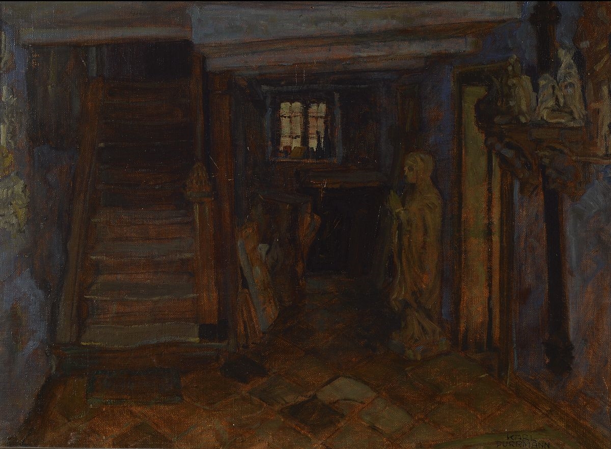Karl Purrmann | interior with staircase and figures of saints | MutualArt