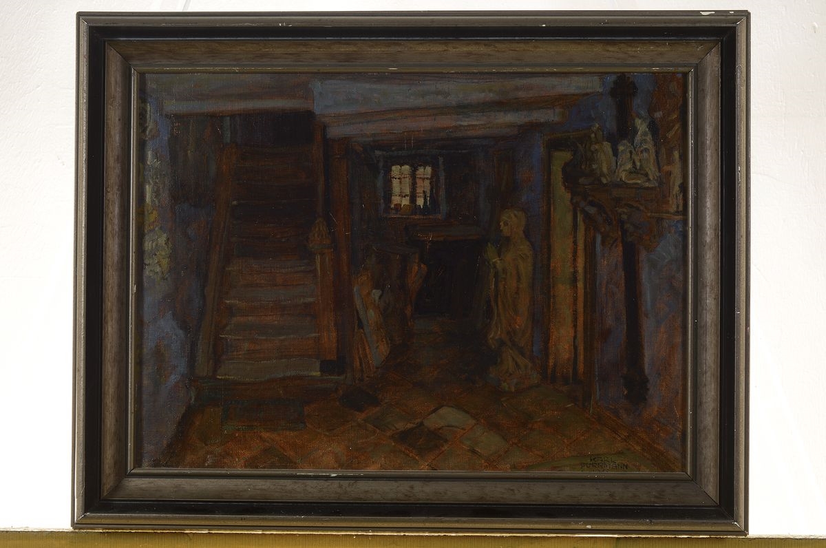 Karl Purrmann | interior with staircase and figures of saints | MutualArt