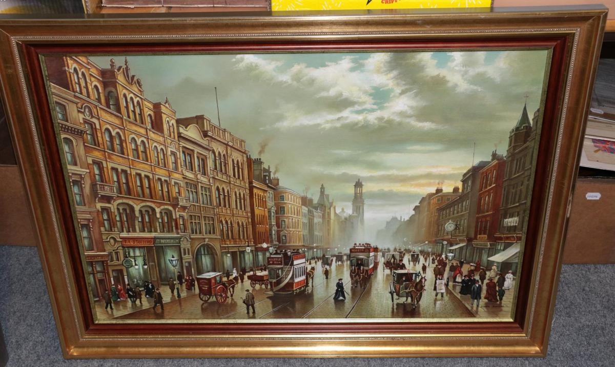 Steven Scholes | Manchester street scene with figures and a tram ...
