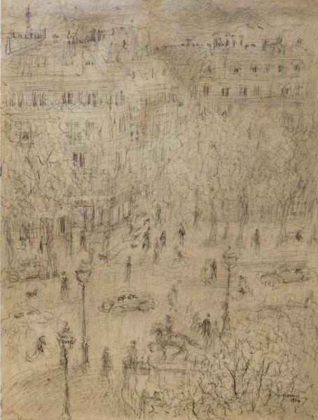 Marcel Neveu | Carrefour parisien animé. Dessin à l’encre (1954 ...