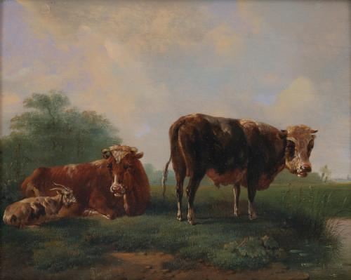 Albertus Verhoesen | A bull, a cow and a goat by a ditch (1857) | MutualArt