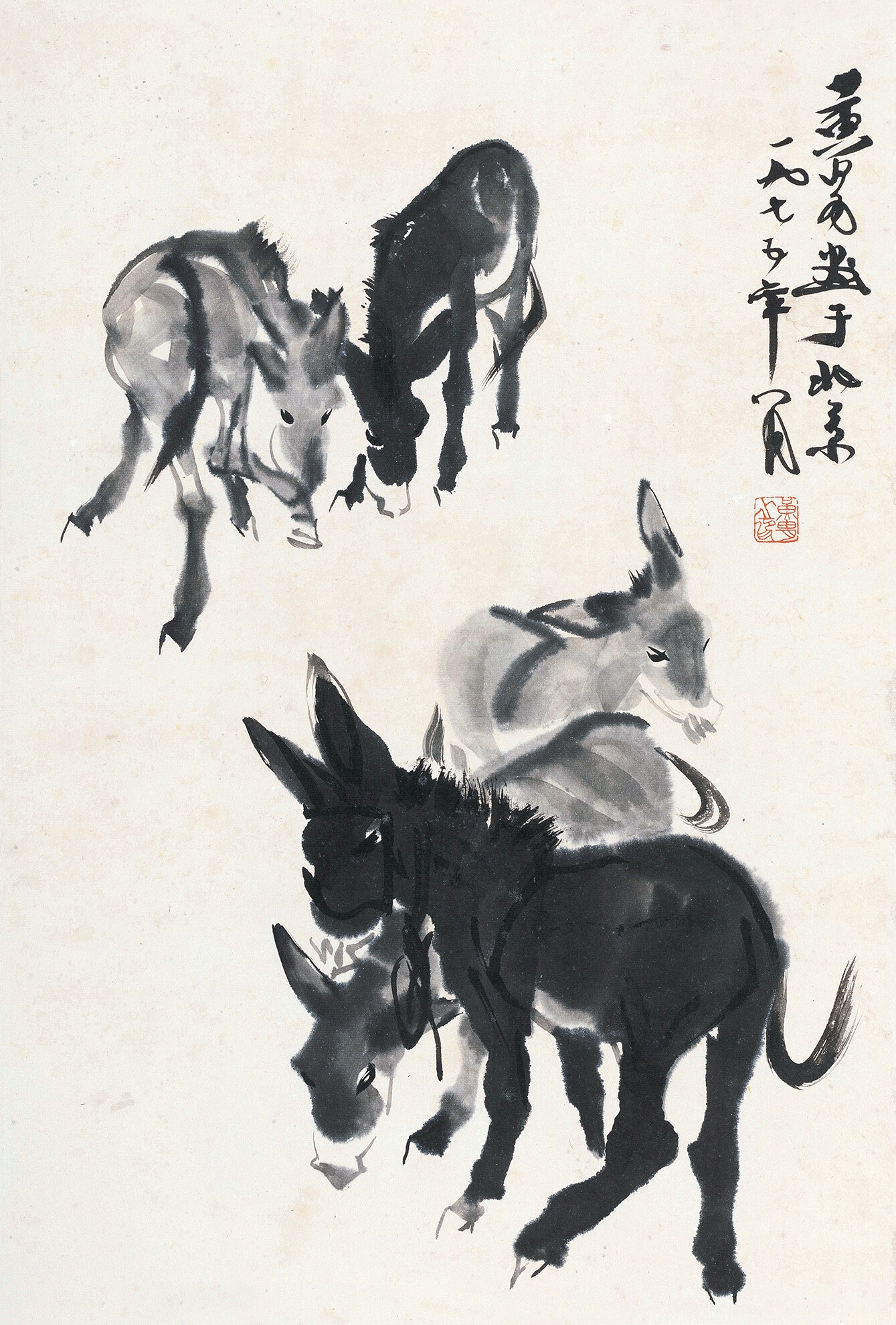 Huang Zhou | Five donkeys illustration (1975) | MutualArt