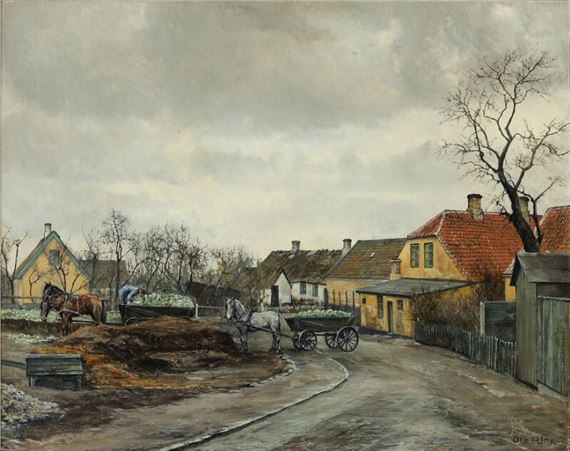 Ole Ring | View from a small village with horse-drawn carriages being ...