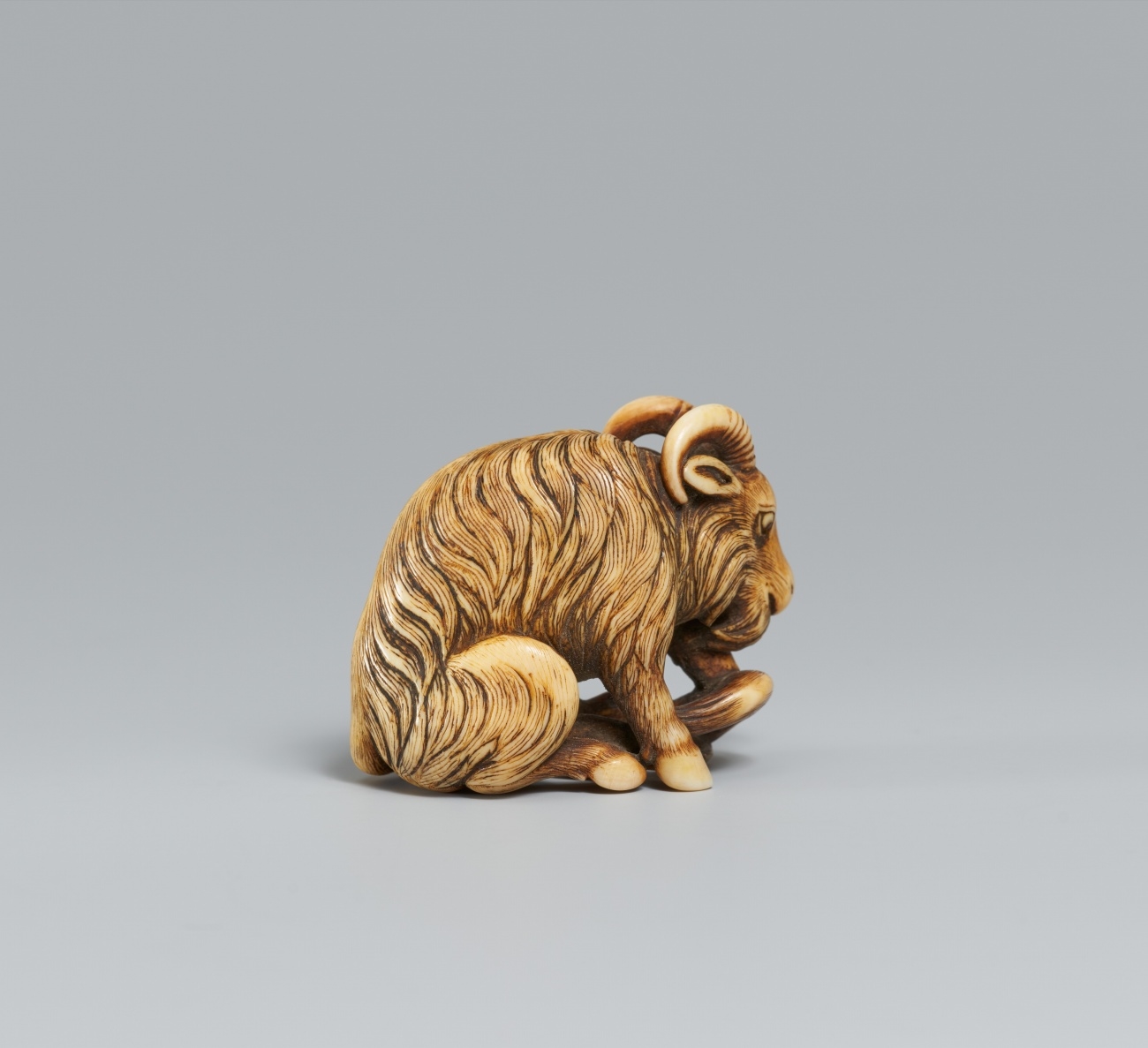 Okakoto | An ivory netsuke of a long-haired goat, by Okakoto. Early ...