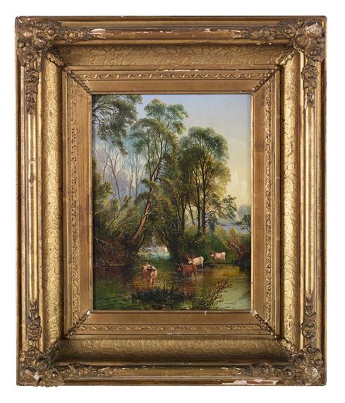 Andrew Melrose | Cattle Watering in a Wooded Landscape | MutualArt