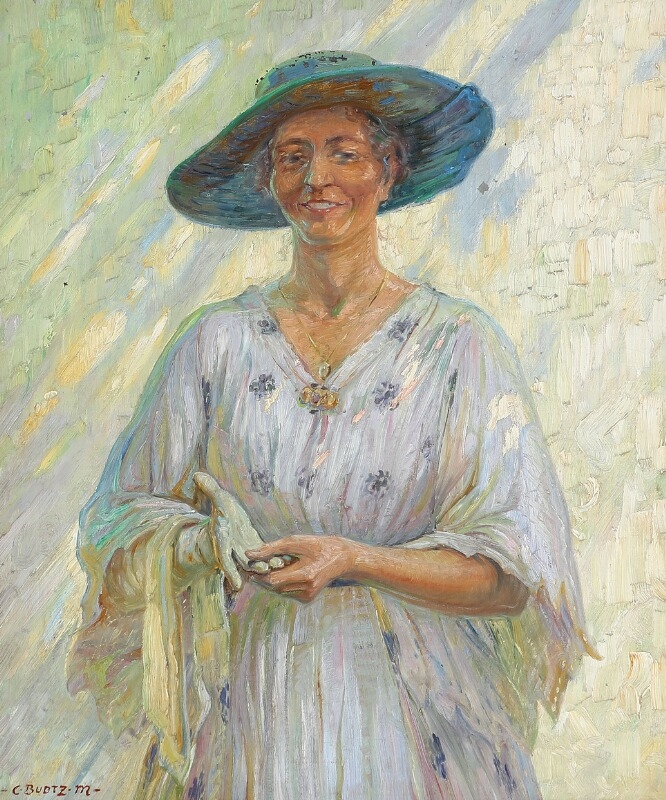 Carl Budtz-Moller | The artist's wife wearing a blue-green hat and a ...