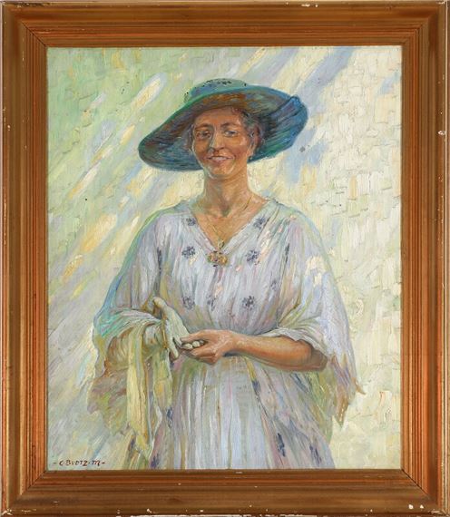 Carl Budtz-Moller | The artist's wife wearing a blue-green hat and a ...