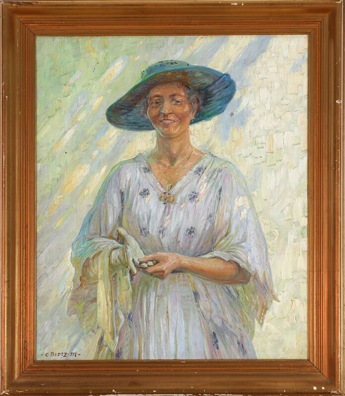 Carl Budtz-Moller | The artist's wife wearing a blue-green hat and a ...